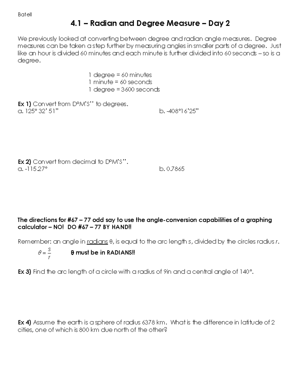 lecture notes calculus - Batell 4 – Radian and Degree Measure – Day 2 ...