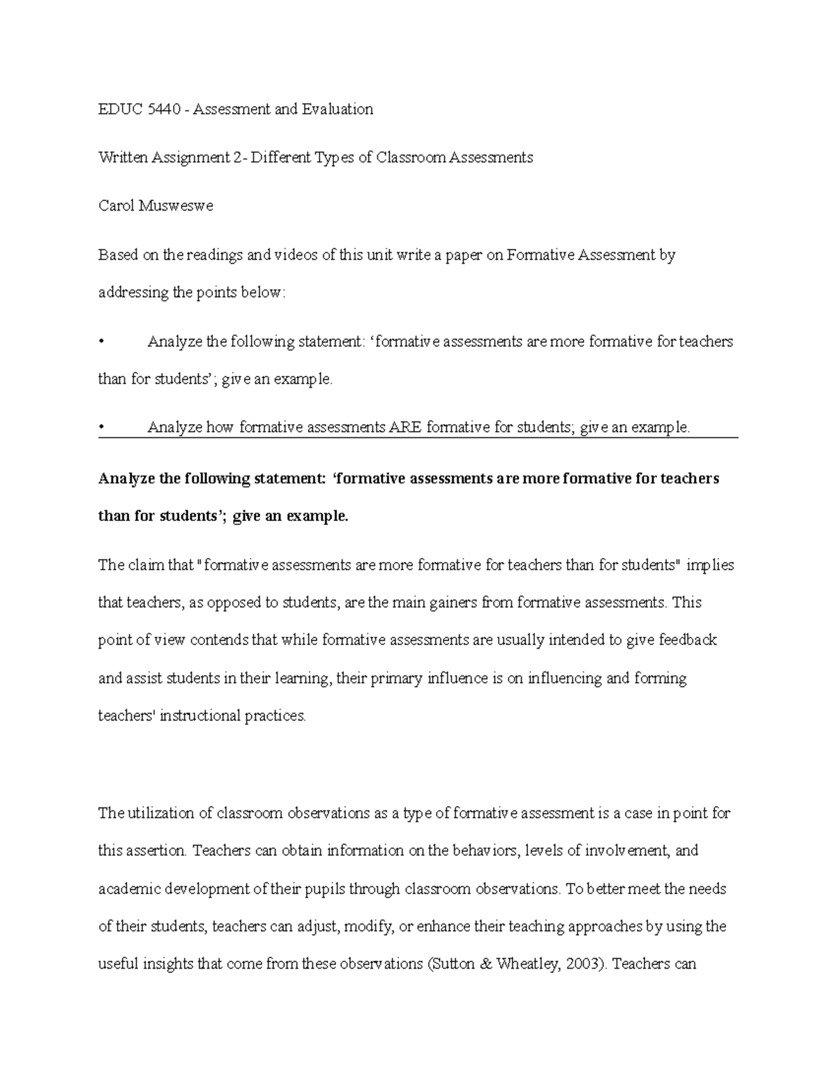 EDUC 5440 - Assessment and Evaluation Written Assignment 2 - Analyze ...