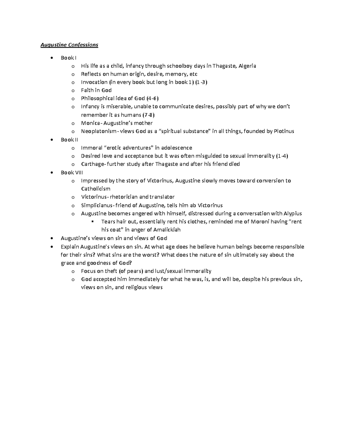 Confessions notes - Augustine Confessions Book I o His life as a child ...