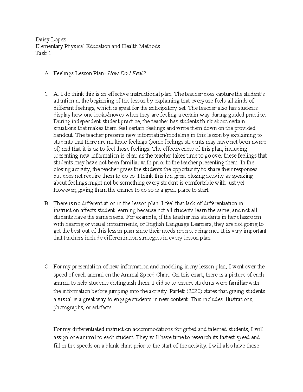 Elementary Physical Ed and Health Methods-Task 1 - Daisy Lopez ...