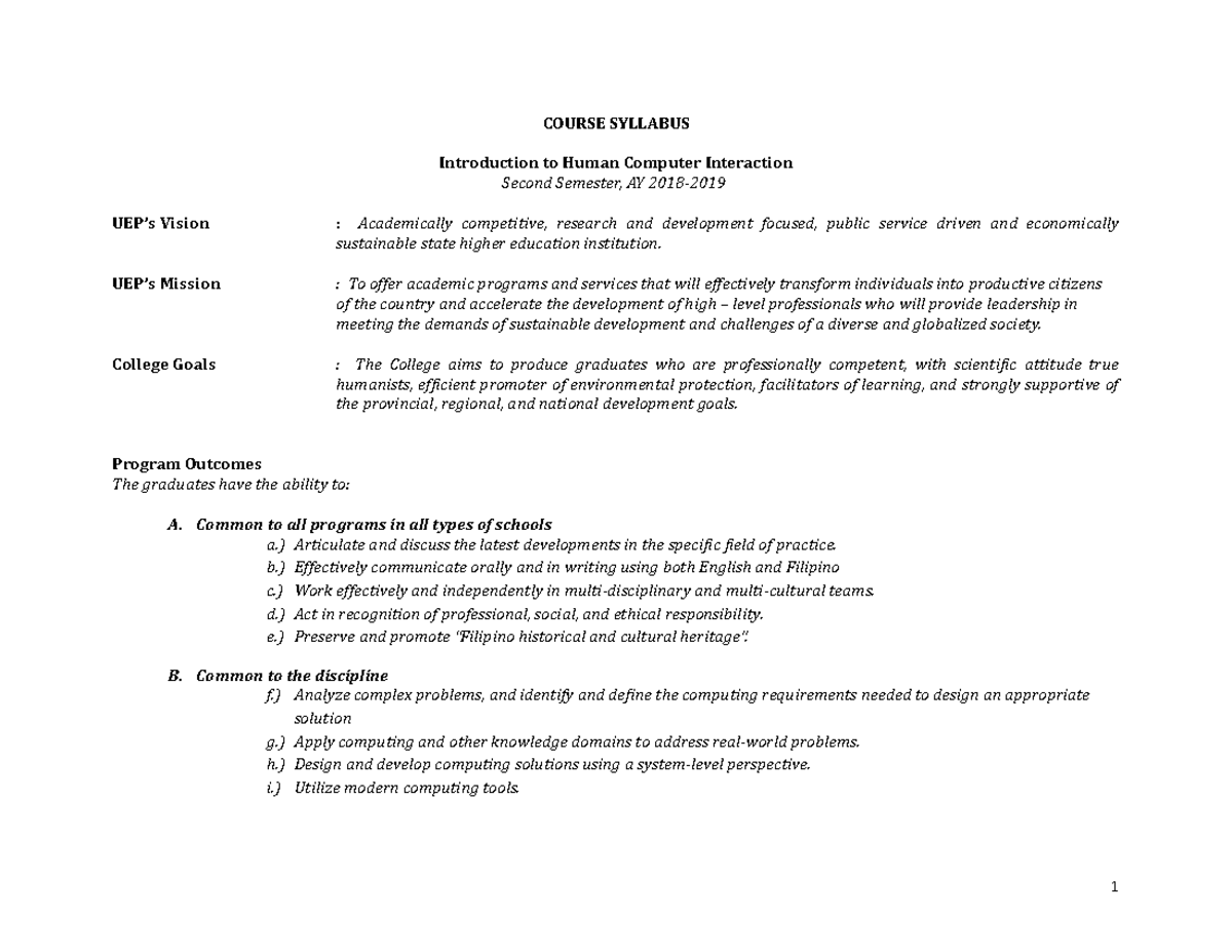Syllabus in HCI 1 - COURSE SYLLABUS Introduction to Human Computer ...