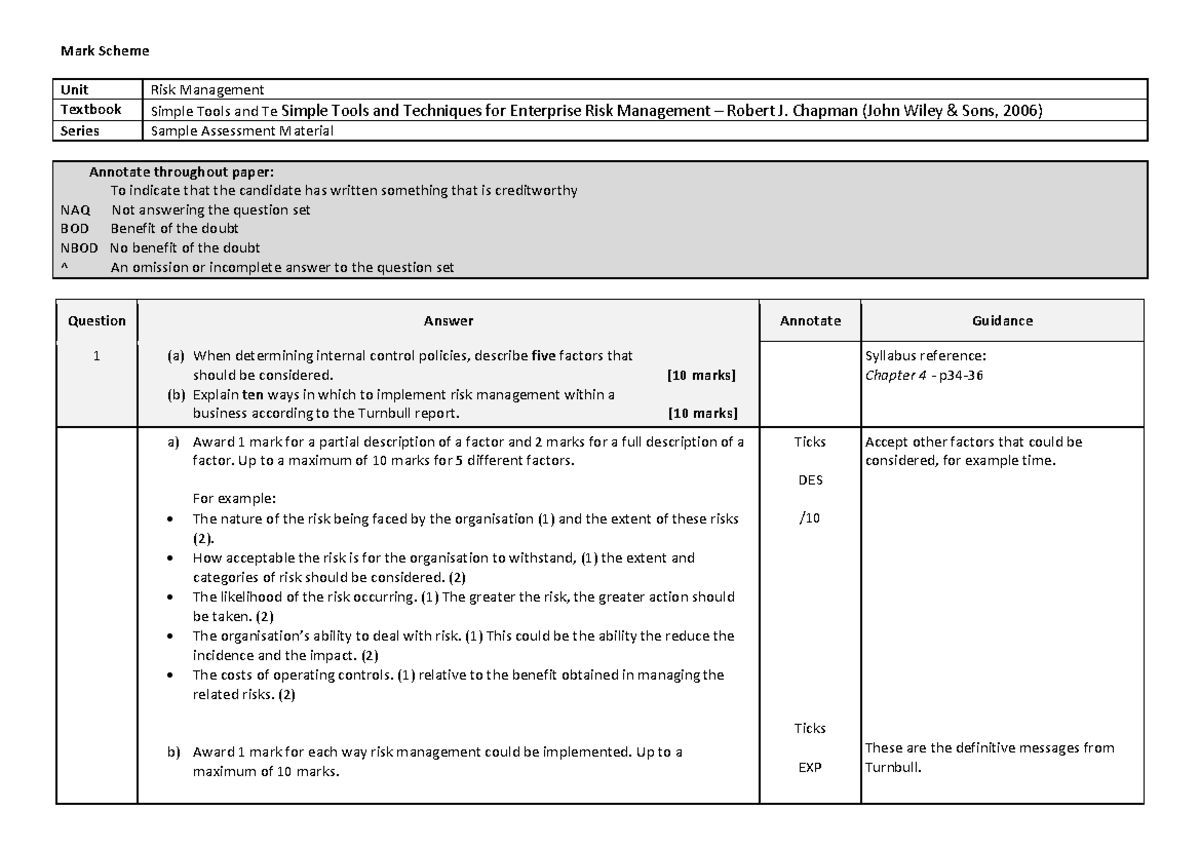 Risk Management - Mark Scheme - Mark Scheme Unit Risk Management ...