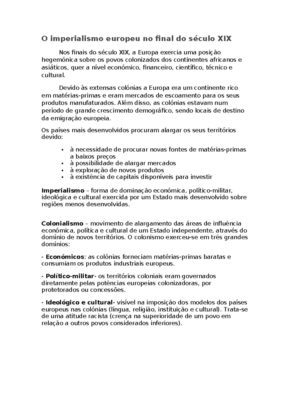 Resumo história - O imperialismo europeu no final do século XIX Nos ...