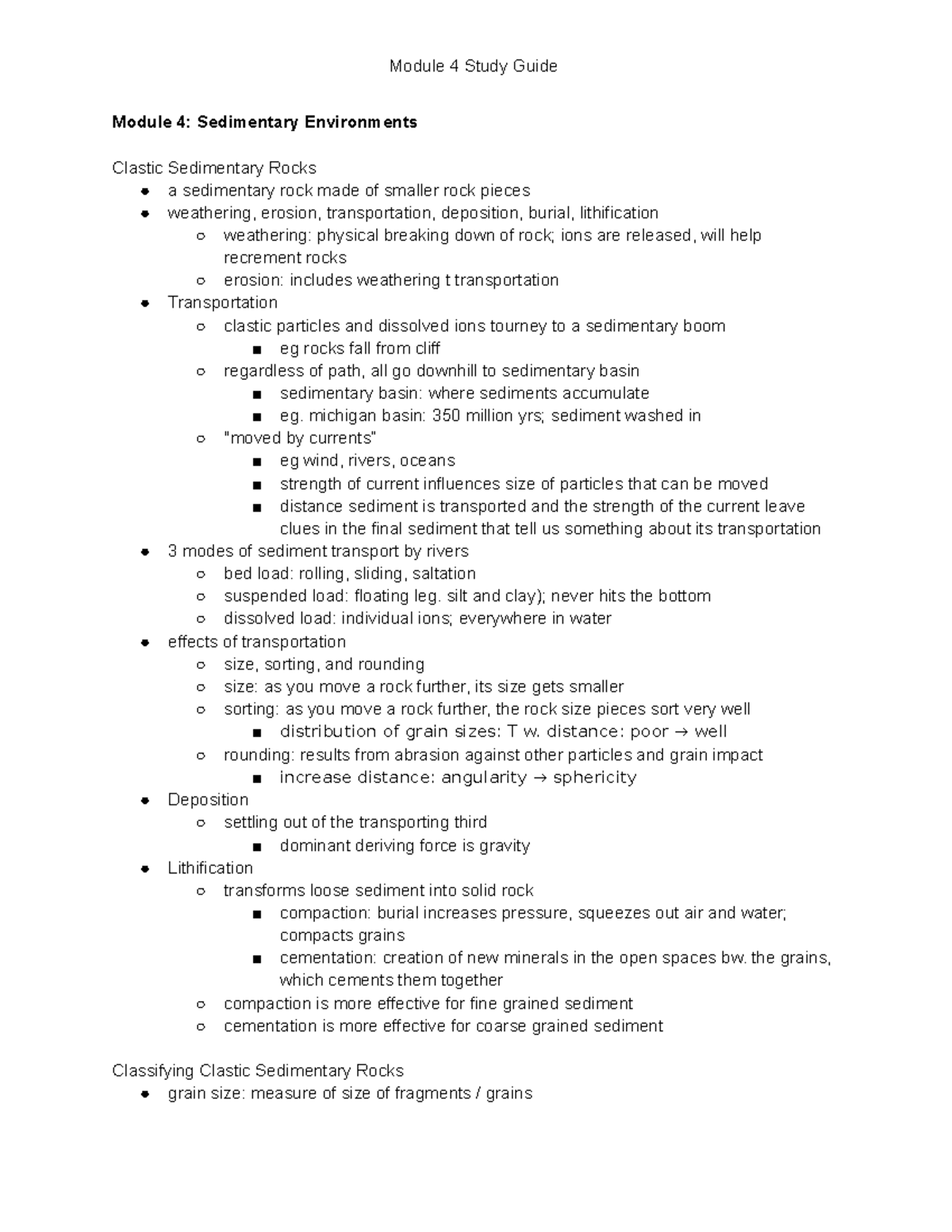 Module 4 Study Guide - Module 4: Sedimentary Environments Clastic ...