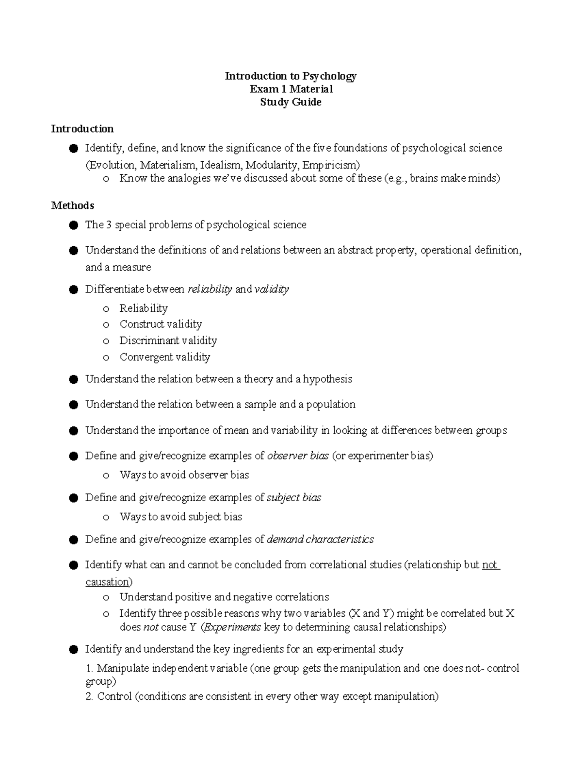 spring24 Psych Exam 1 Study Guide + Notes - Introduction to Psychology ...