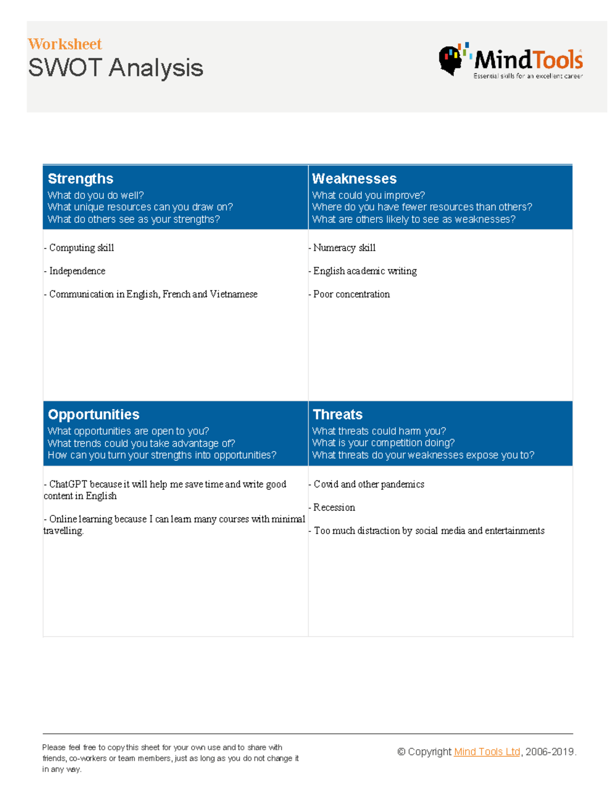 Swotanalysis Worksheet - Worksheet SWOT Analysis Strengths What do you ...