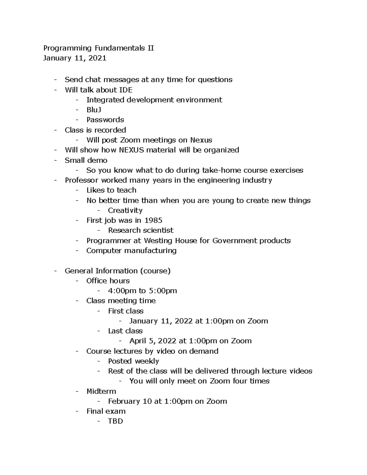 ACS-1904 - January 11, 2021 Lecture Notes - Programming Fundamentals II ...