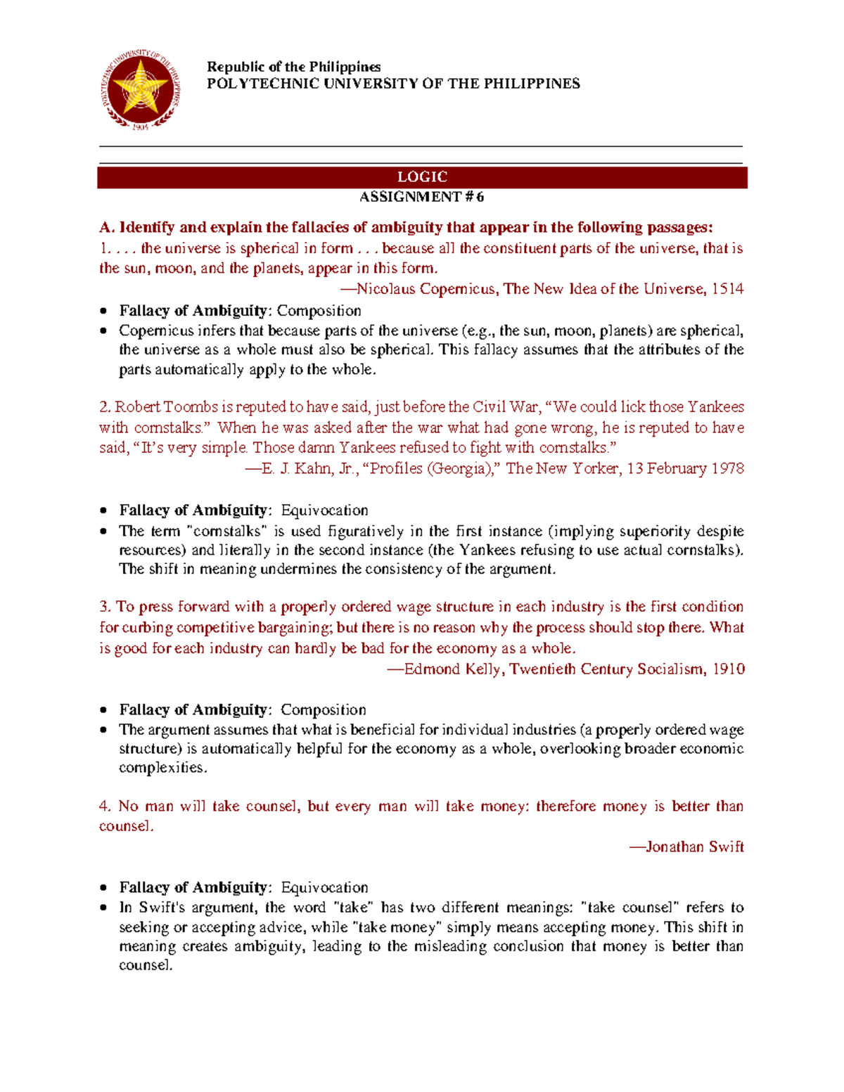 Logic - POLYTECHNIC UNIVERSITY OF THE PHILIPPINES LOGIC ASSIGNMENT # 6 ...