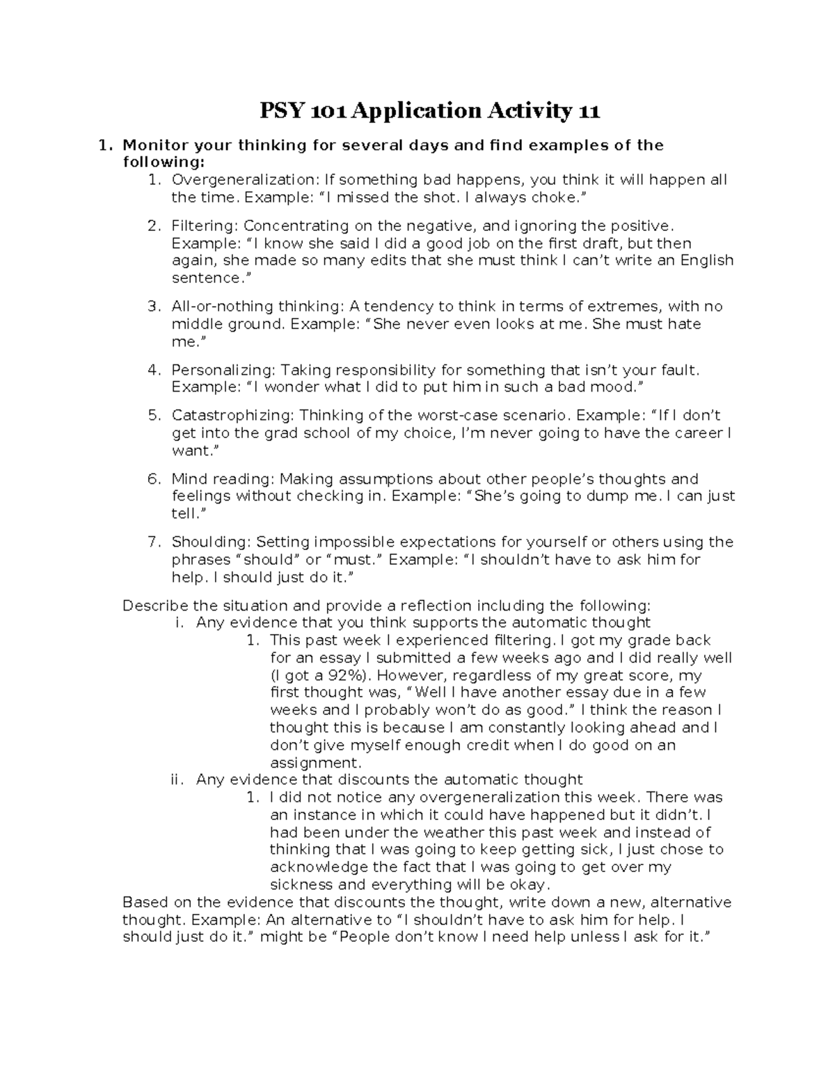 PSY 101 Application Activity 11-1 - Monitor your thinking for several ...