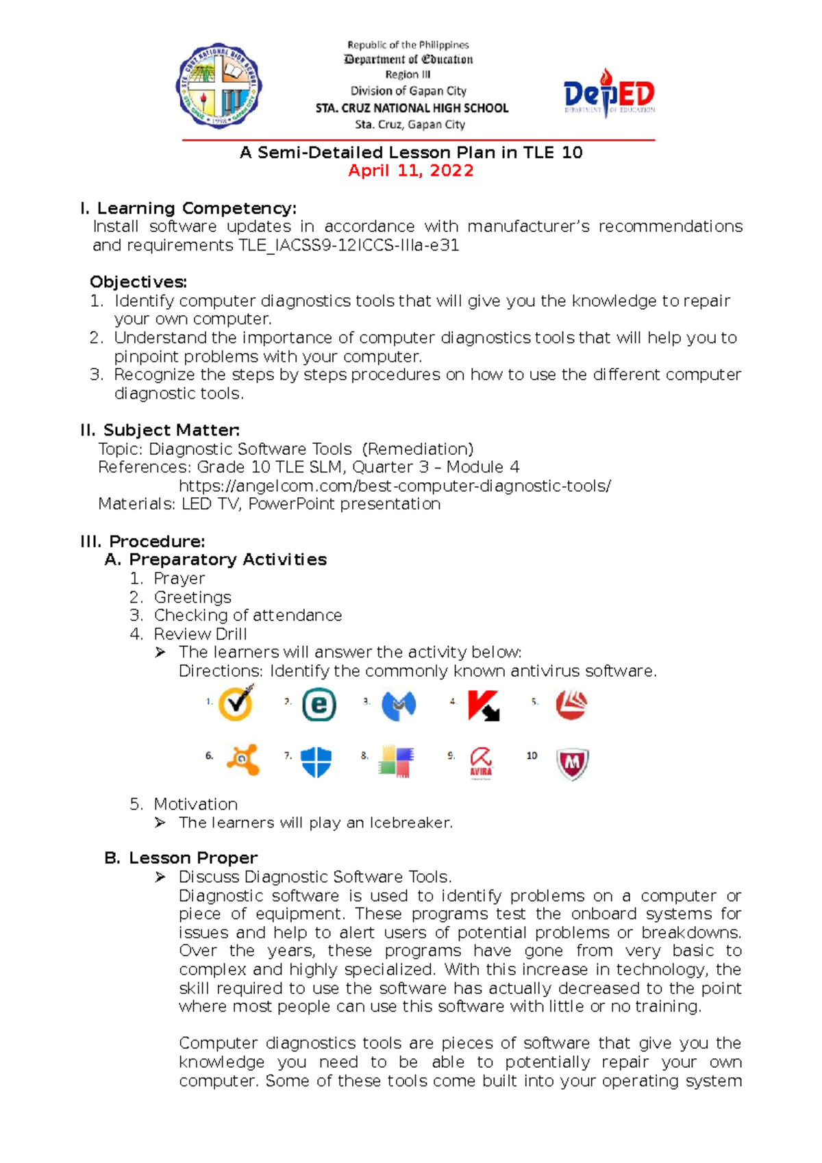 TLE 10 April 11 - Lesson plan - A Semi-Detailed Lesson Plan in TLE 10 ...