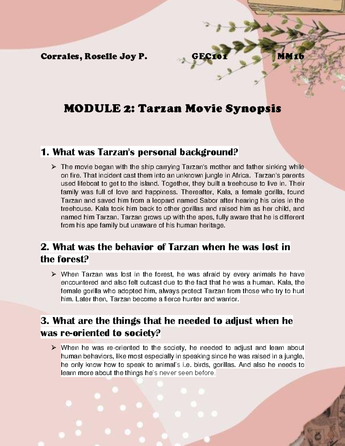 3RD Activity Tarzan Movie Synopsis - Corrales, Roselle Joy P. GEC101 ...