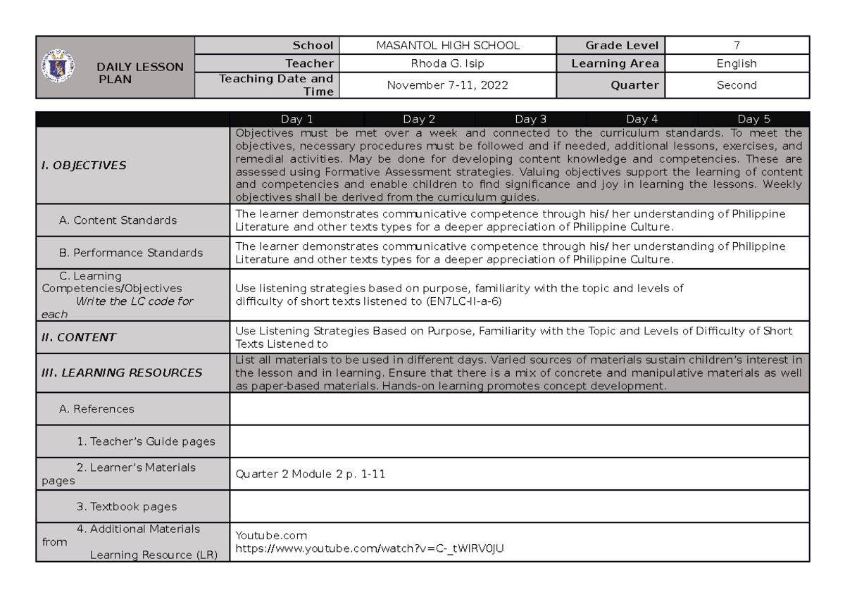 G7-November 7-11, 2022 - DAILY LESSON PLAN School MASANTOL HIGH SCHOOL ...