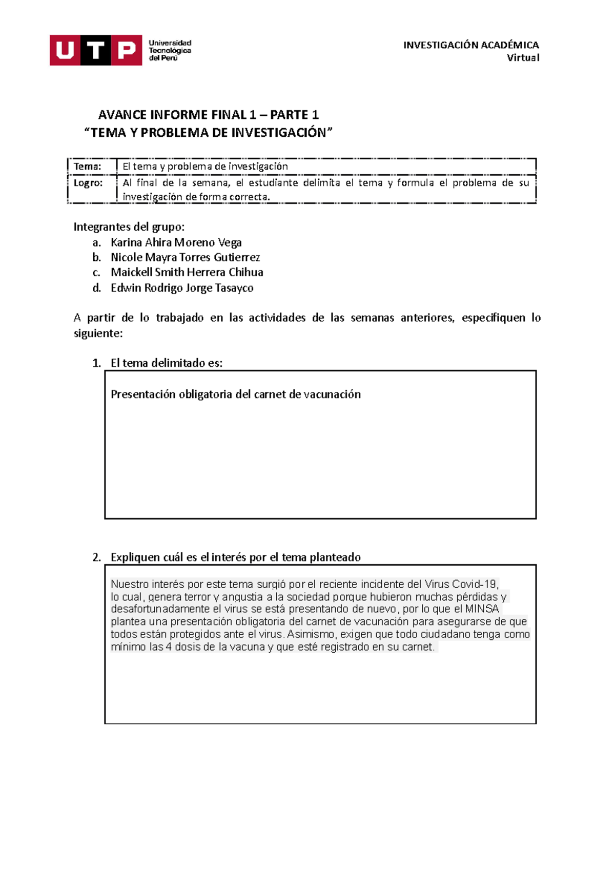 Semana 03-Formato Avance de Informe Final 1 - Parte 1 Tema y problema de investigación - AVANCE ...