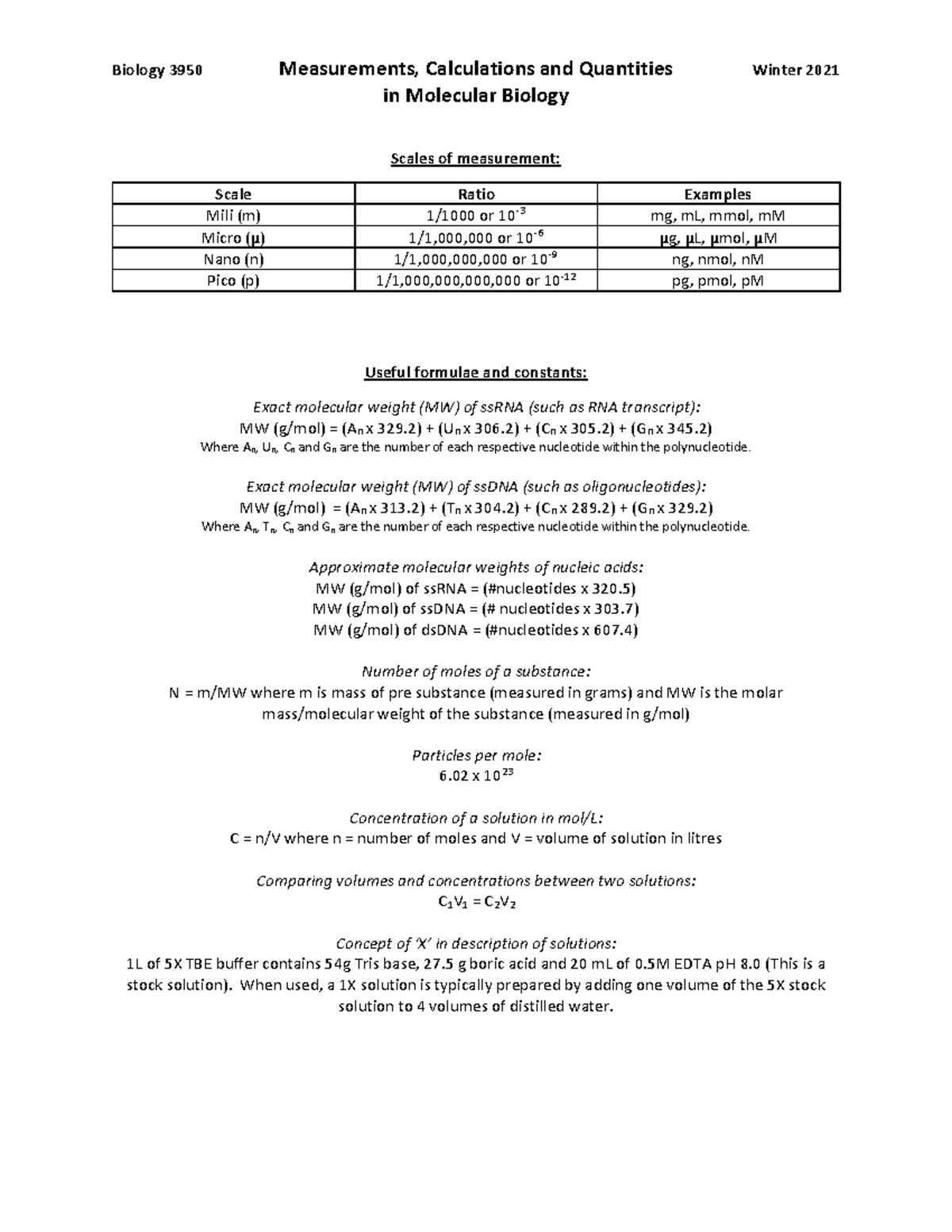 Biol3950 Measurementsin Molecular Biology W2021 - Biology 3950 ...