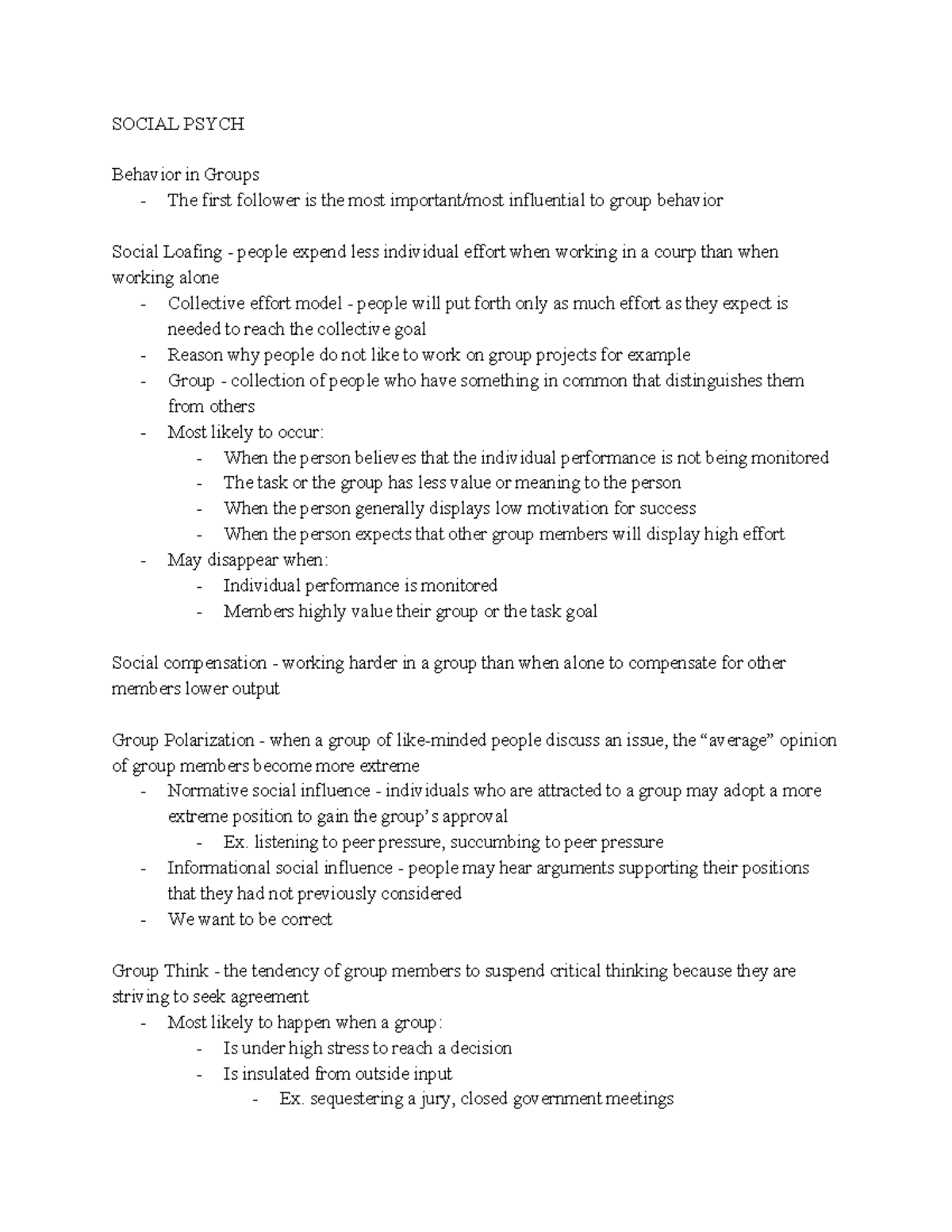 11 14 Class Notes - SOCIAL PSYCH Behavior in Groups - The first ...