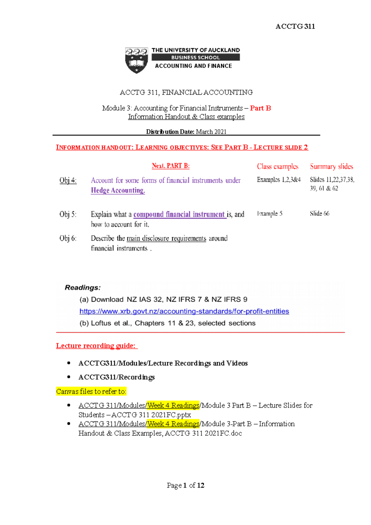 Module 3 - Part B - Information Handout & Class Examples, ACCTG 311 ...