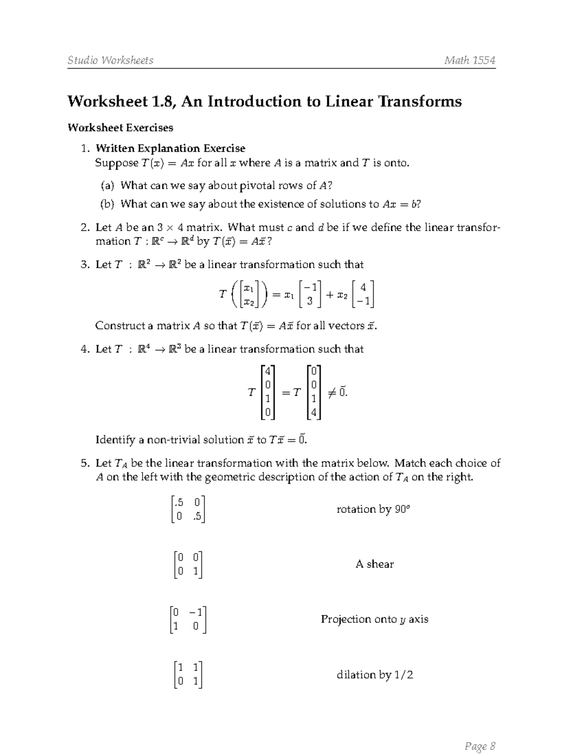 Studio Worksheet 1.8-5.3 - Worksheet 1, An Introduction to Linear ...
