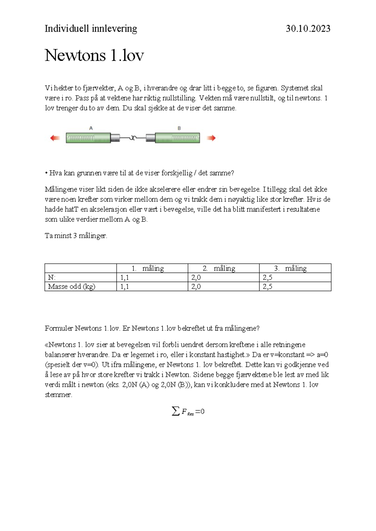 Newtons lover 1. - 2. og 3. lov + Friksjon 2 (ny versjon) 1 - Newtons 1 Vi hekter to fjærvekter ...