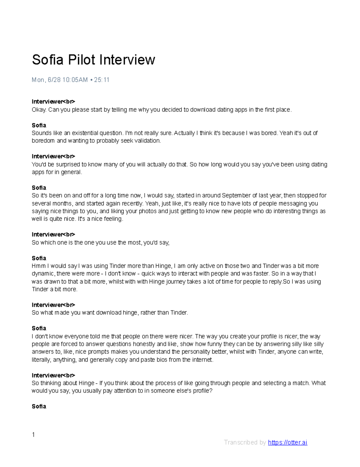 Sofia Pilot Interview - Lecture notes 8 - Sofia Pilot Interview Mon, 6/ ...