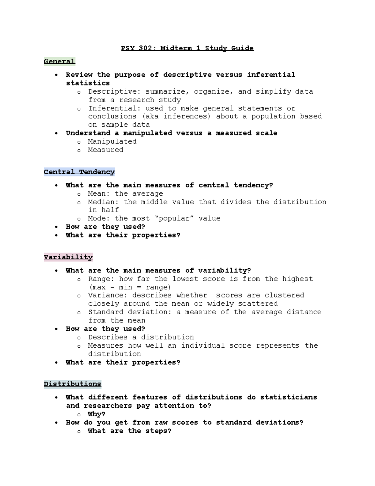 PSY 302 Midterm 1 - PSY 302: Midterm 1 Study Guide General Review the ...