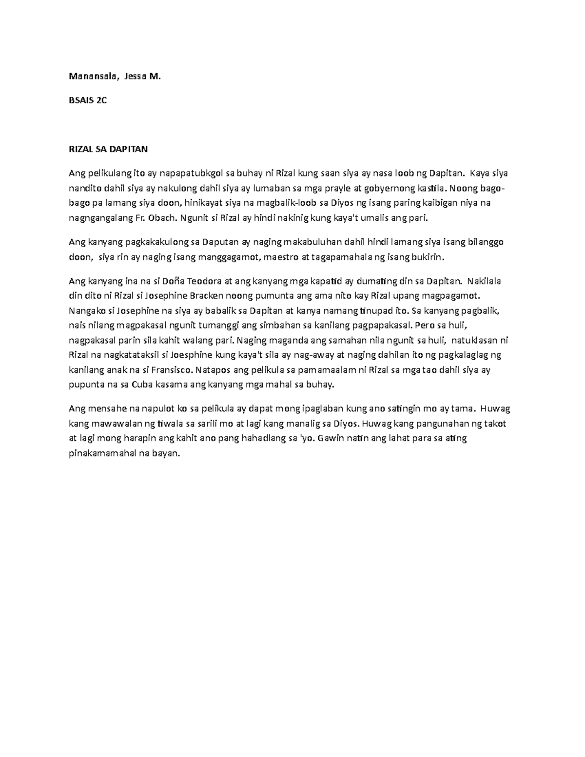 Dapitan ni Rizal documents - Manansala, Jessa M. BSAIS 2C RIZAL SA ...