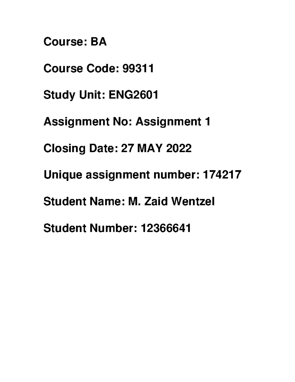 Assignment 1 2601 - Course: BA Course Code: 99311 Study Unit: ENG ...