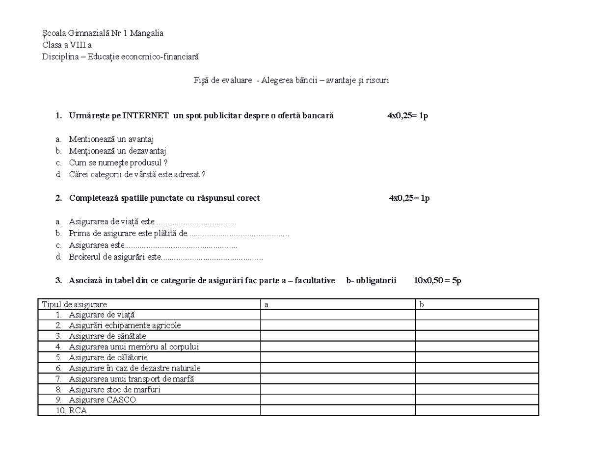Fisa de evaluare alegerea bancii avantaje si riscuri - Școala ...