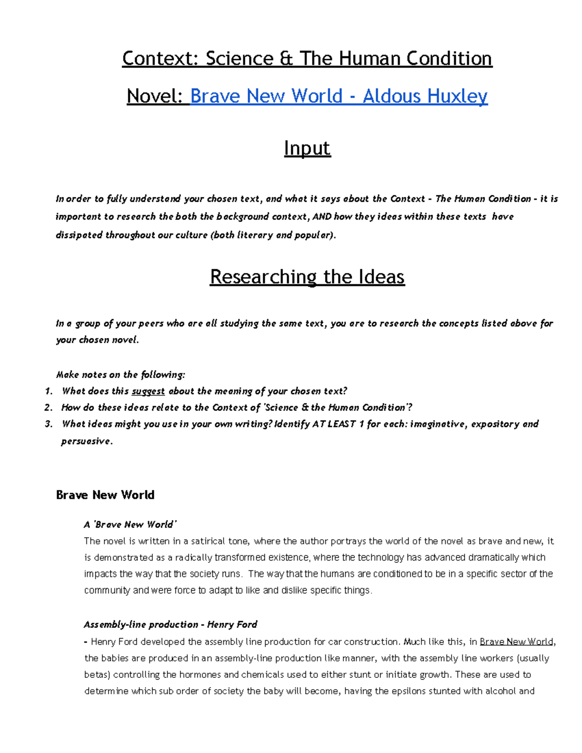 Brave New World - Researching the Ideas In a group of your peers who ...