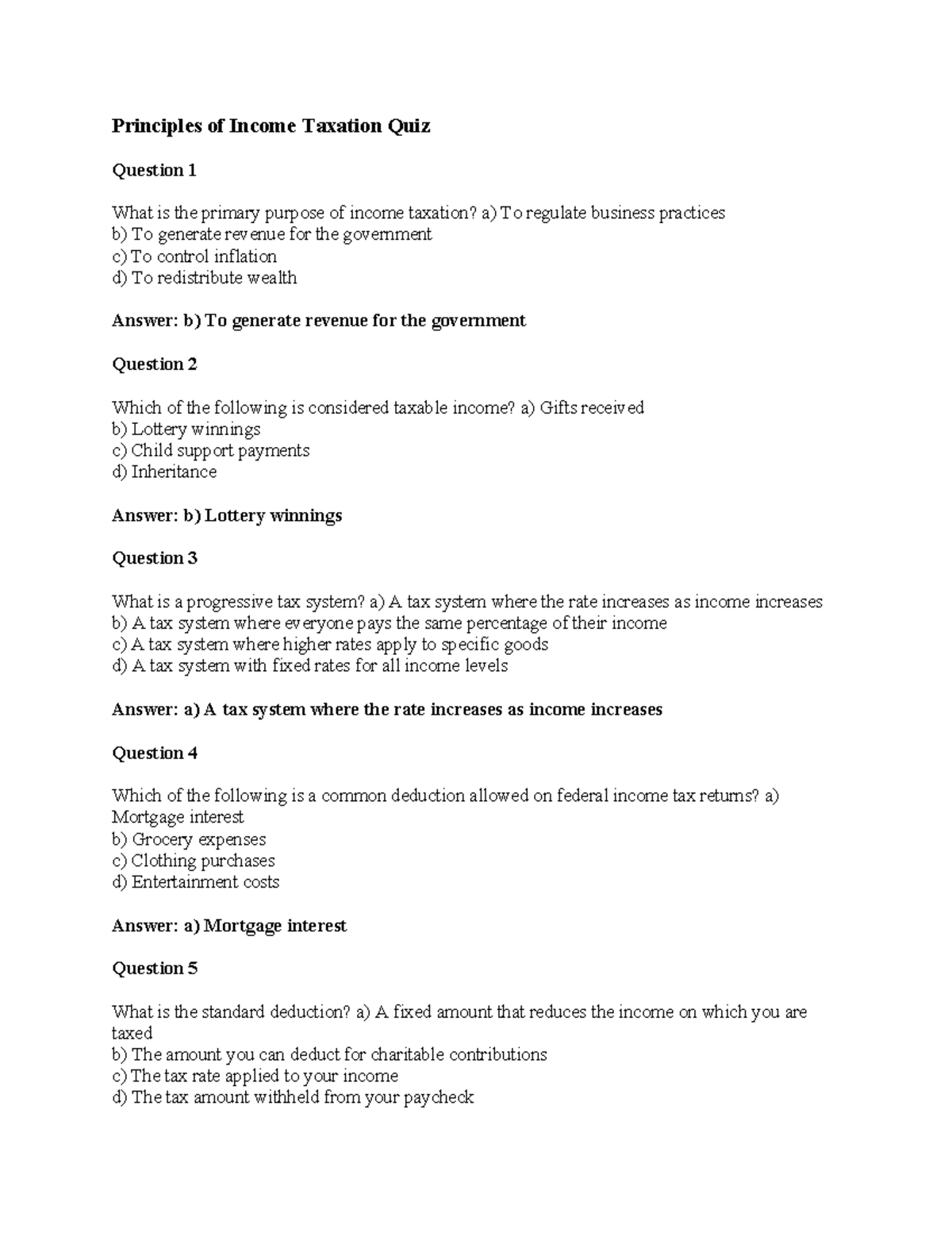 Principles of Income Taxation Quiz - Principles of Income Taxation Quiz ...