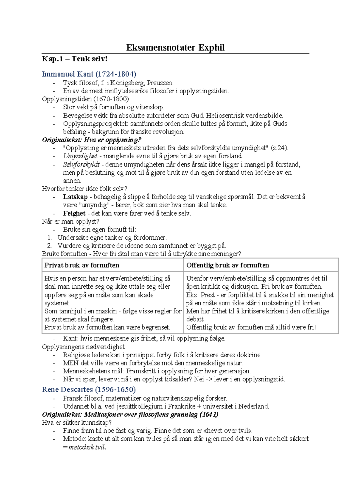 Eksamensnotater Exphil - vite - Eksamensnotater Exphil Kap – Tenk selv! Immanuel Kant (1724-1804 ...
