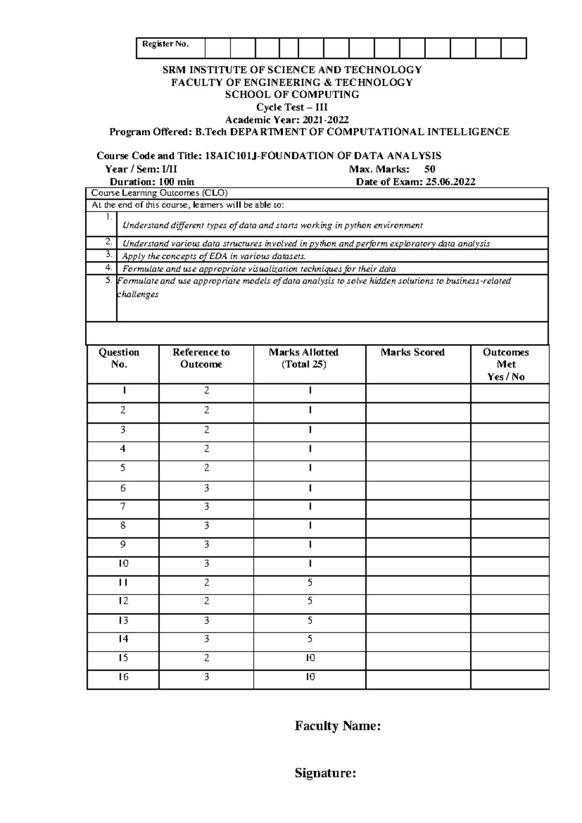 Ct3 Set1 An Register No Srm Institute Of Science And Technology Faculty Of