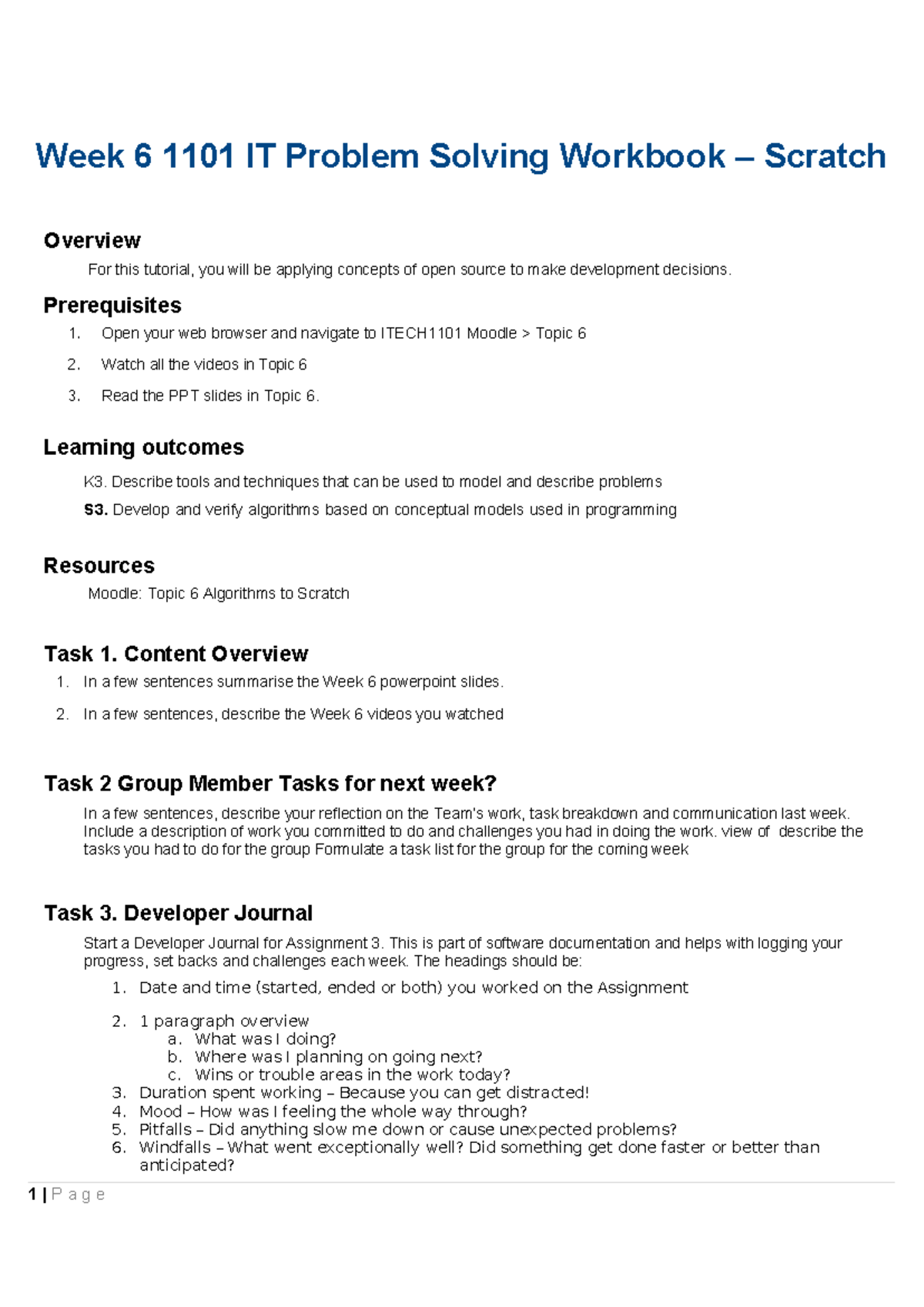 Itech 1101 Week 6 Workbook 2024 - Week 6 1101 IT Problem Solving Workbook – Scratch Overview For ...