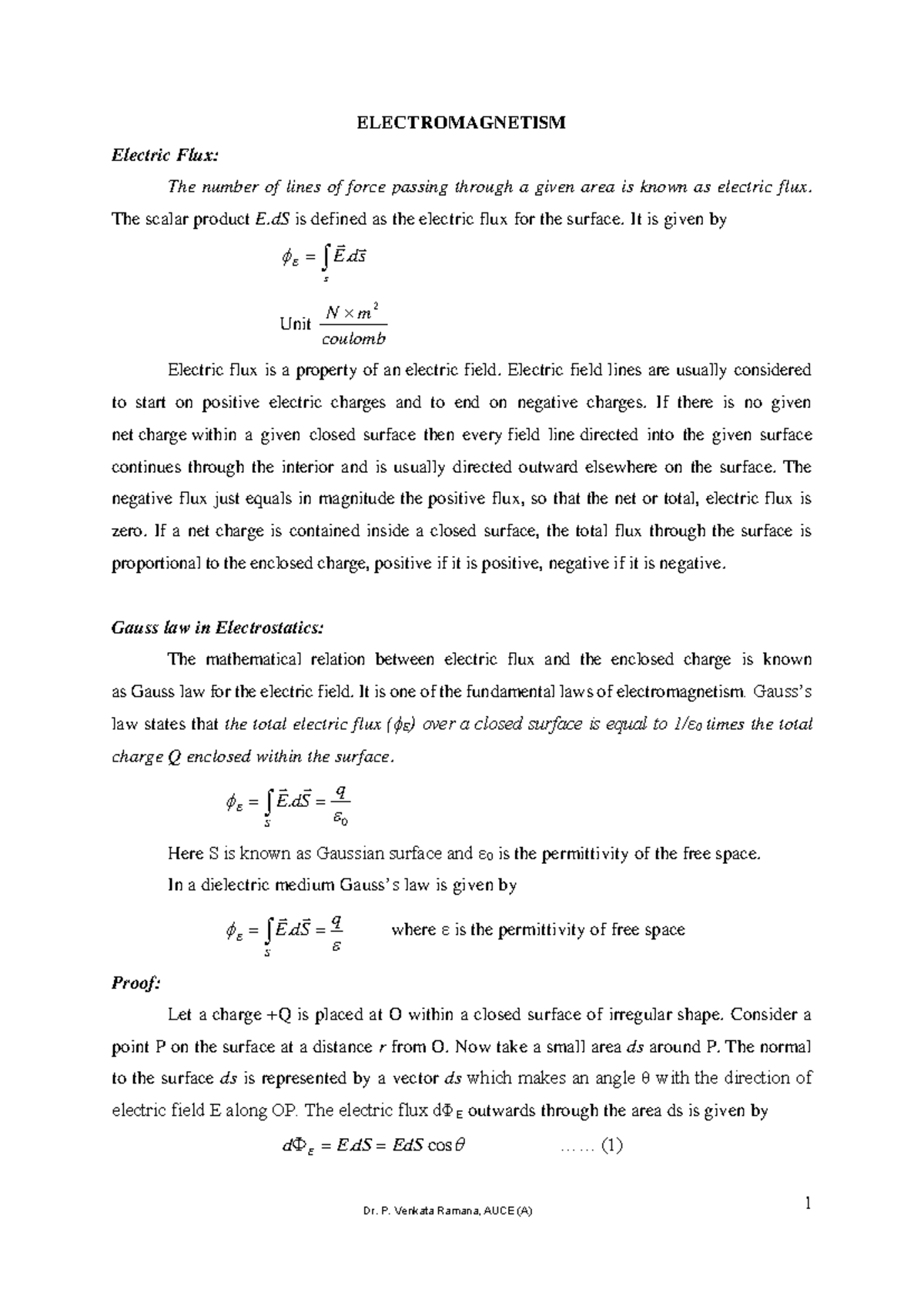 Electromagnetism - Notes - 1 ELECTROMAGNETISM Electric Flux: The number ...