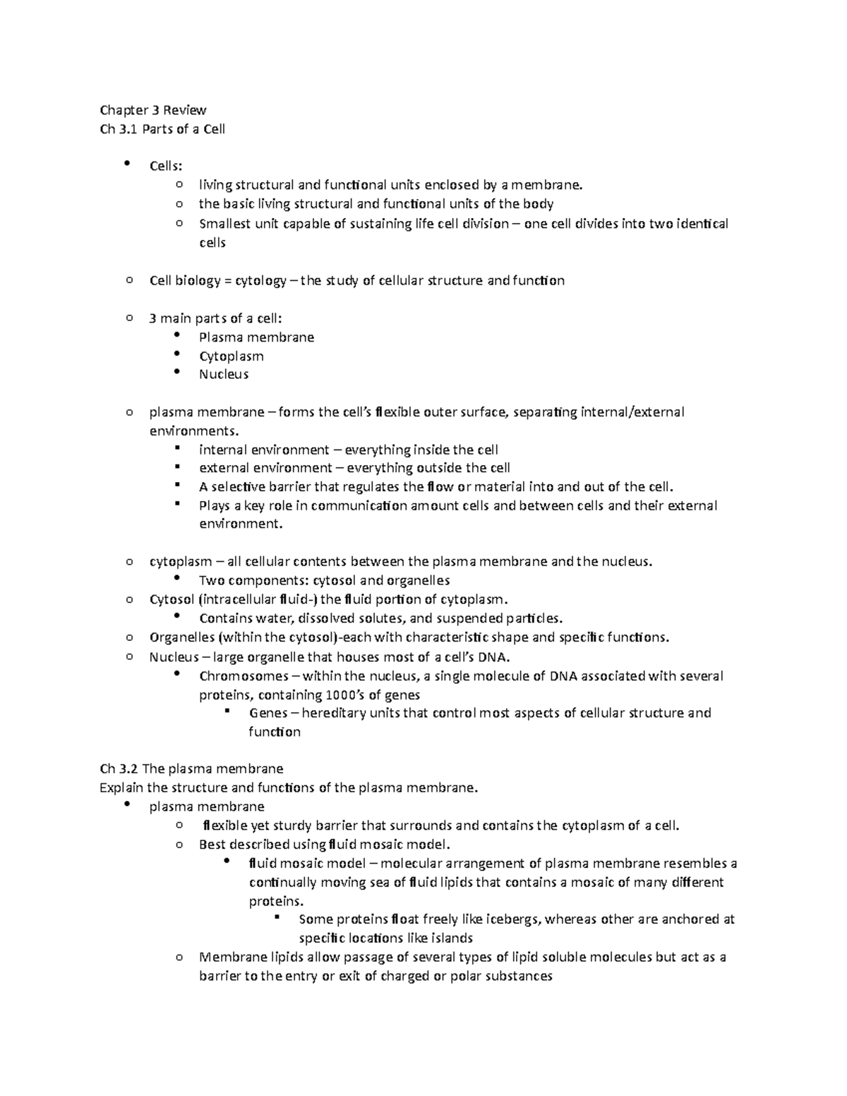 Biol235 Chapter 3 notes - Chapter 3 Review Ch 3 Parts of a Cell Cells ...