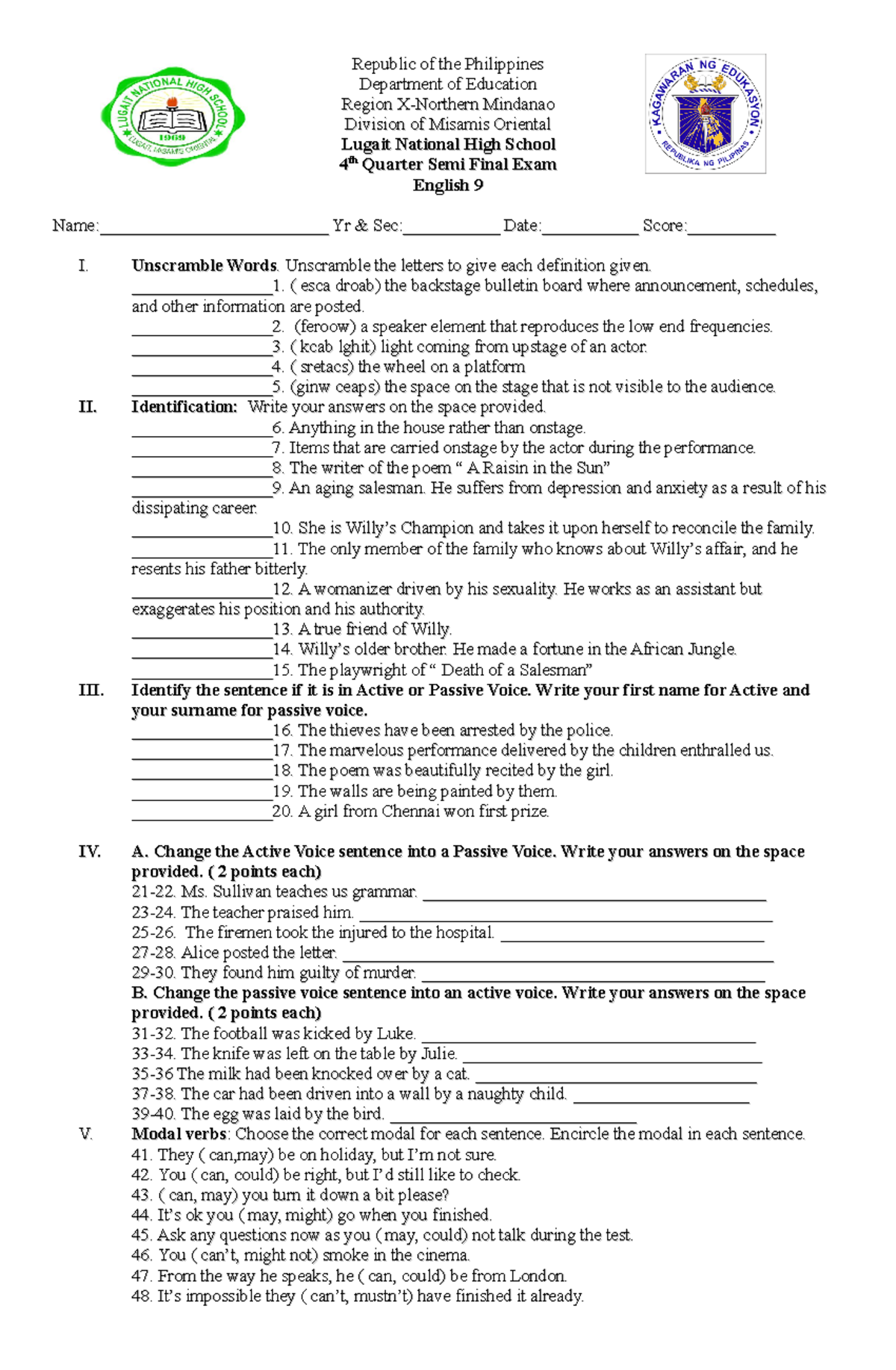 English Semi Final Exam - Republic of the Philippines Republic of the ...