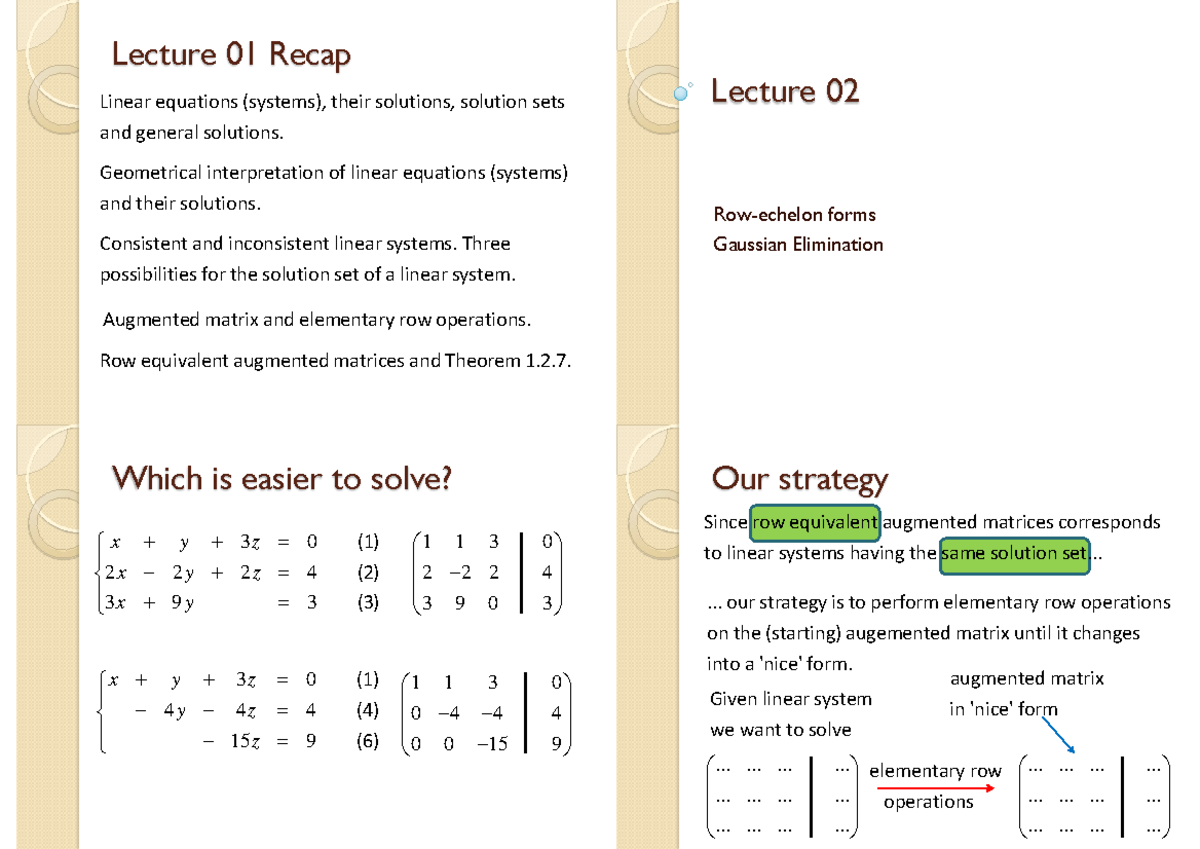Dstt02 - 121d1 - Lecture 01 Recap Linear equations (systems), their ...