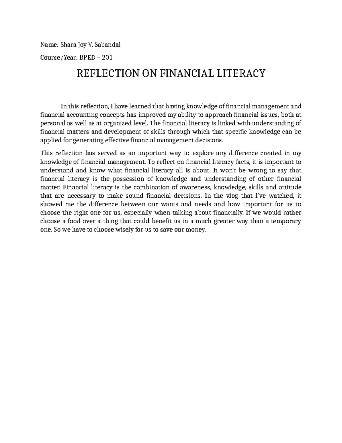 Reflection - Name: Shara Joy V. Sabandal Course/Year: BPED – 201 ...