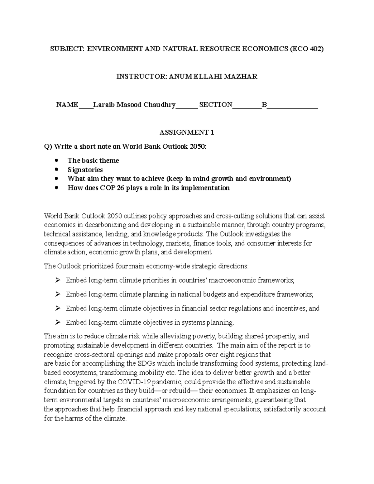 Assignment 1 - SUBJECT: ENVIRONMENT AND NATURAL RESOURCE ECONOMICS (ECO 402) INSTRUCTOR: ANUM ...