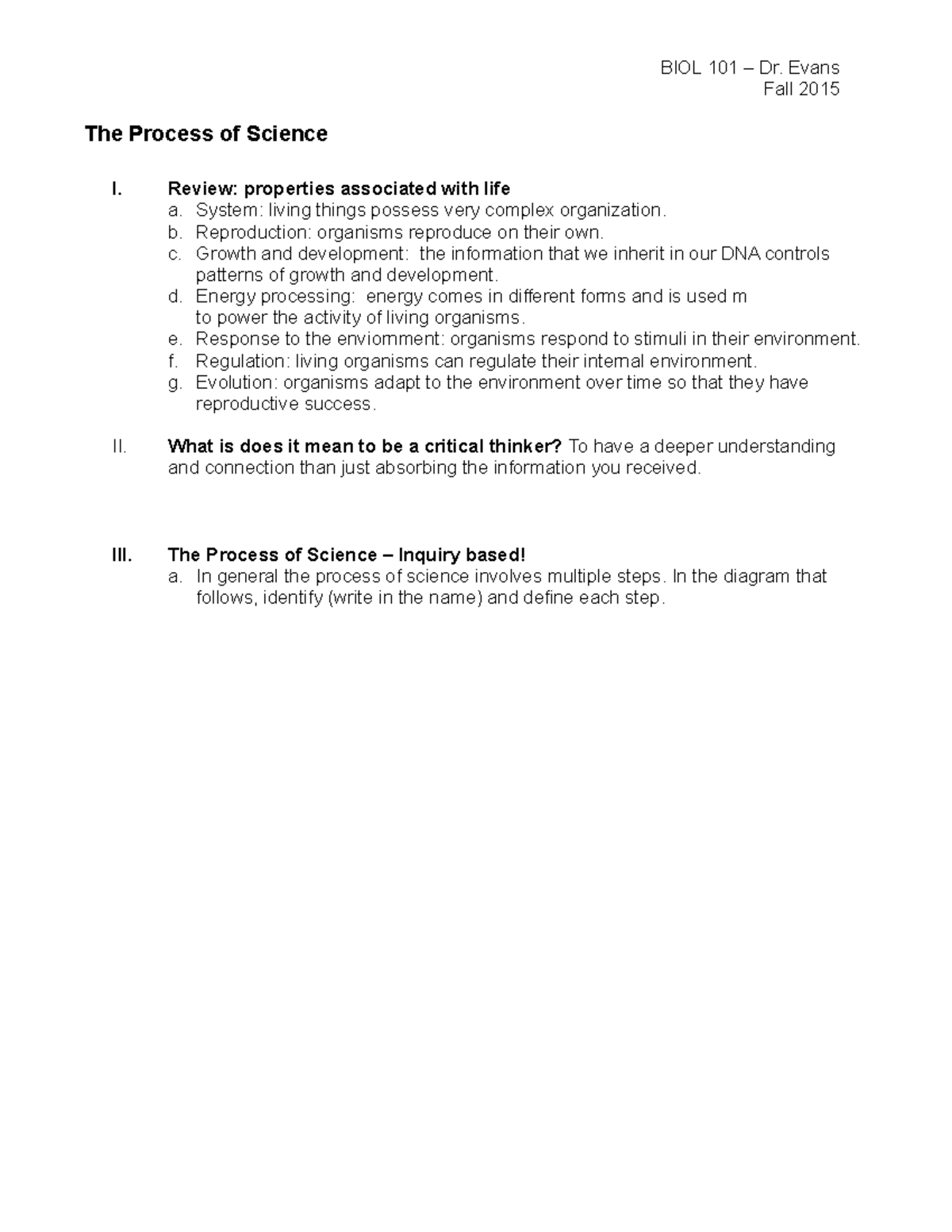 1 process of science - BIOL 101 – Dr. Evans Fall 2015 The Process of ...