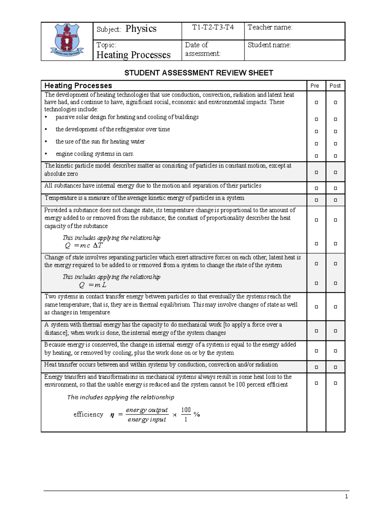 Y11 heating processes student review sheets 2017 - Subject: Physics T1 ...