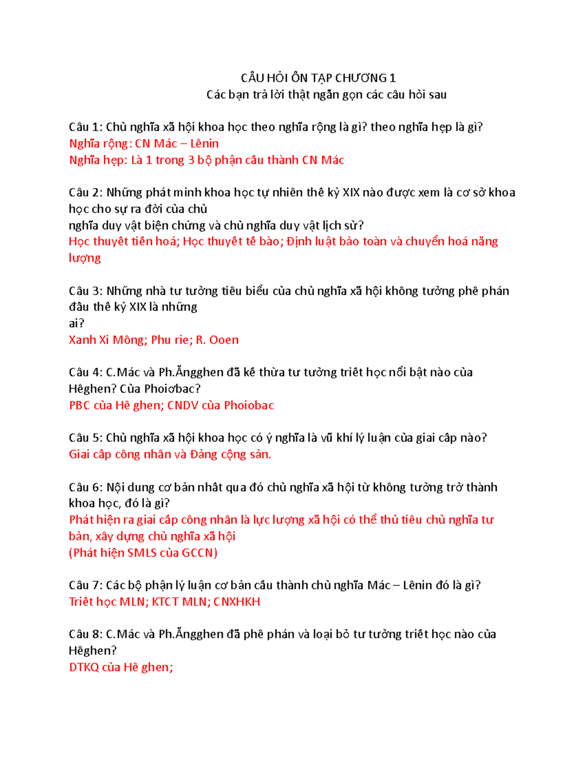 Cnxhkh Chương 1 - CÂU H ỎI ÔN T P CH Ậ ƯƠNG 1 Các b n trạ ả ờl i th t ngắắn g n các câu h i sau ...
