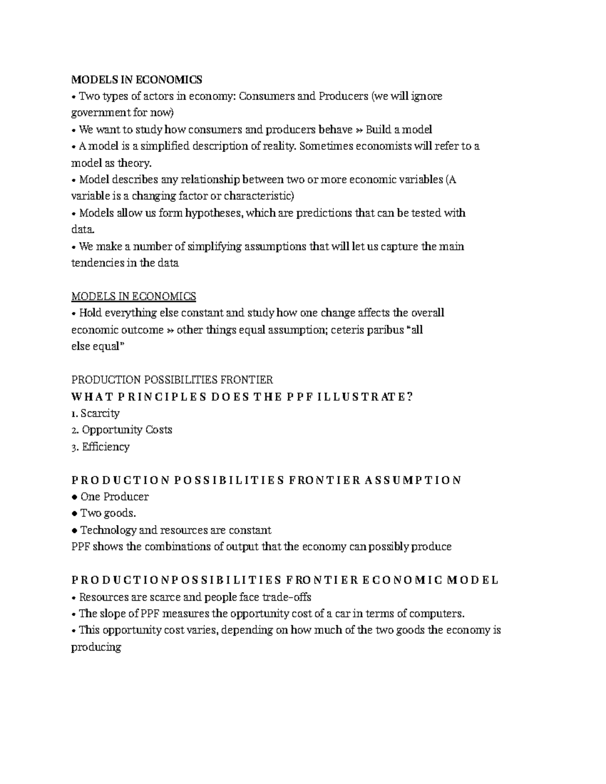 ECO 231 Week 2 Notes - week 2 - MODELS IN ECONOMICS Two types of actors ...