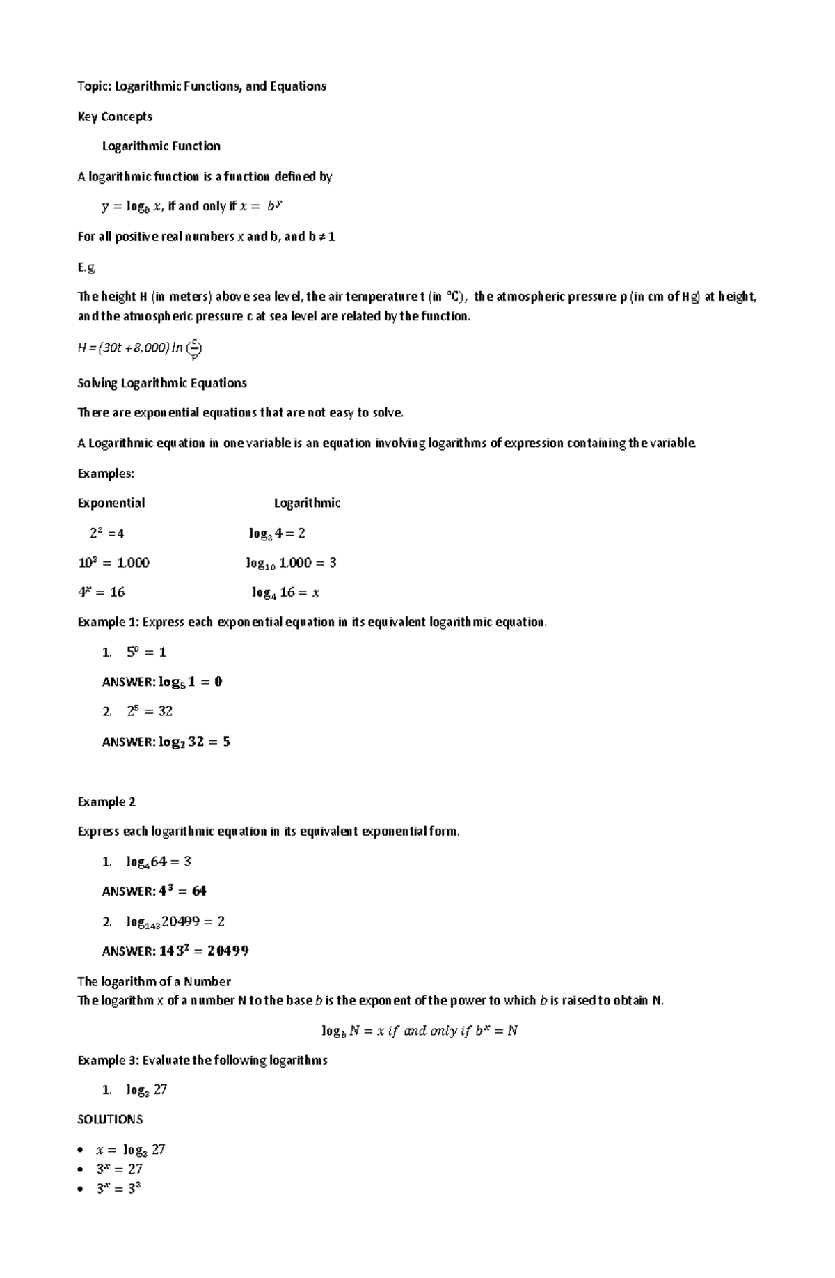 Logarithmic Functions and Equations - The height H (in meters) above ...