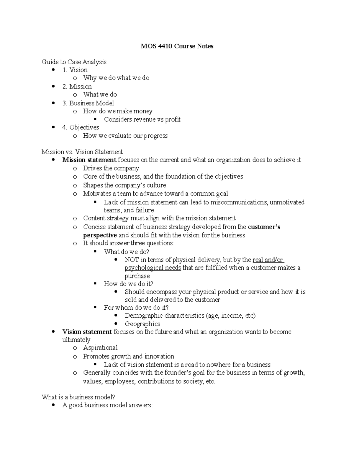 MOS 4410 Course Notes - MOS 4410 Course Notes Guide to Case Analysis 1 ...