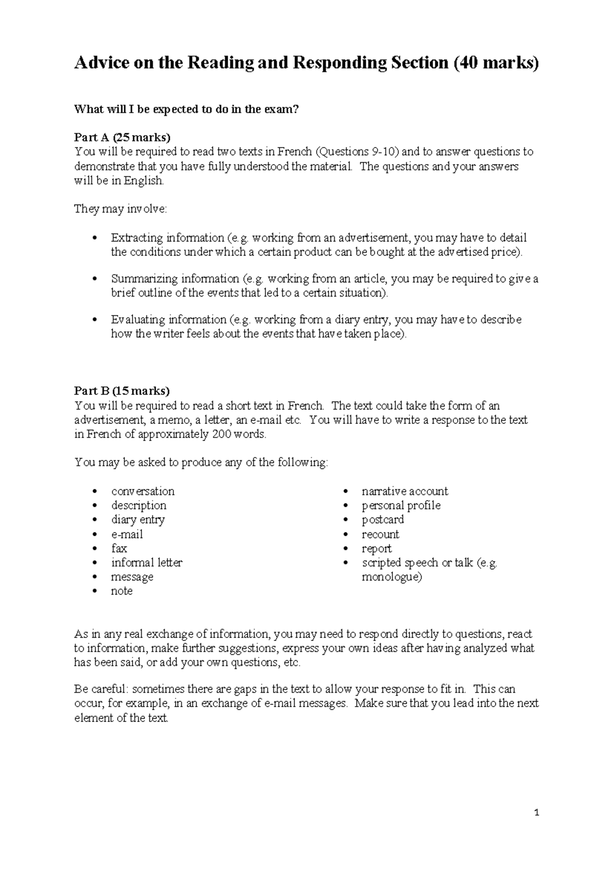 Advice on Reading and Responding (1) - Advice on the Reading and ...