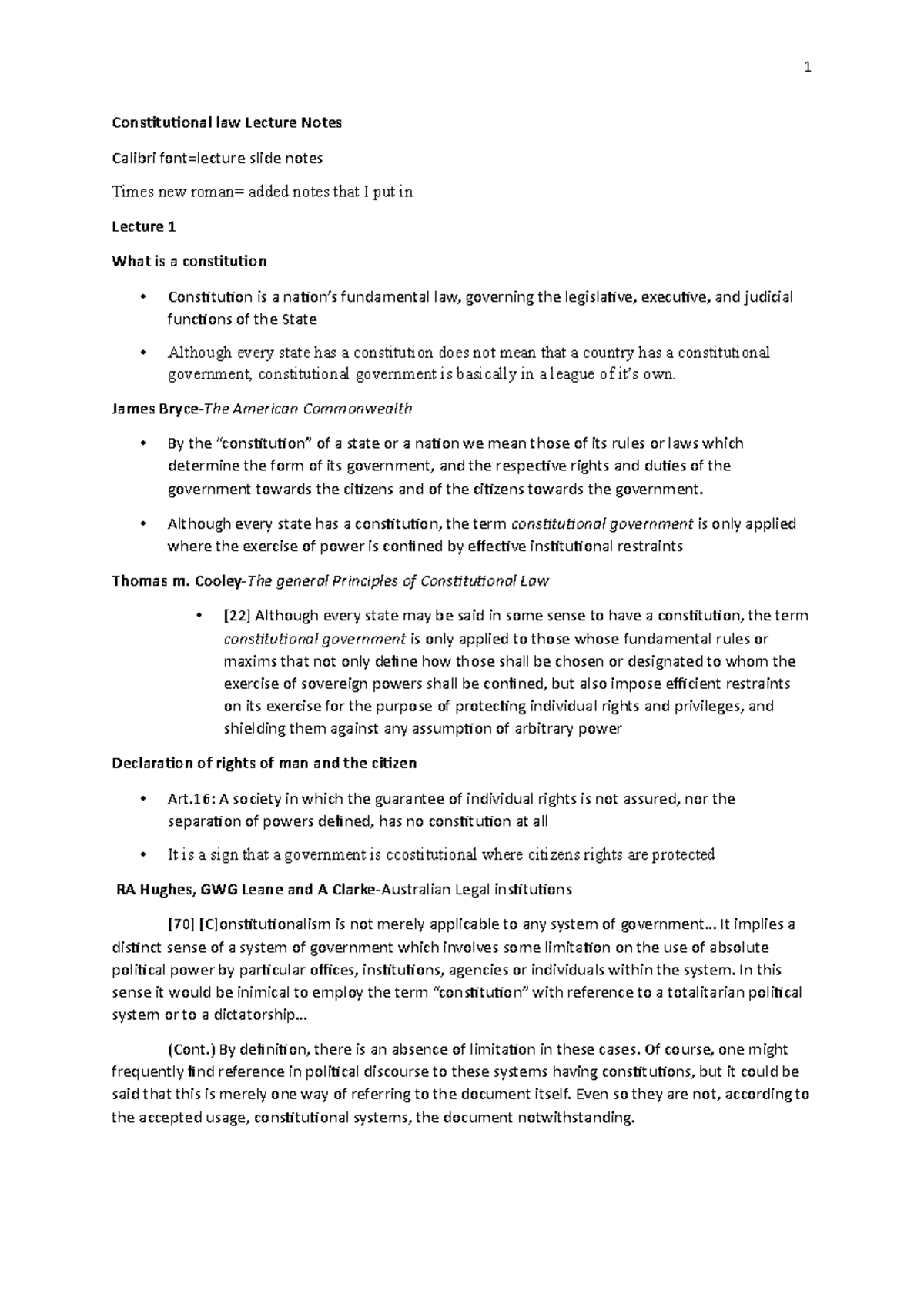 Constitutional law Lecture Notes - 1 Constitutional law Lecture Notes ...