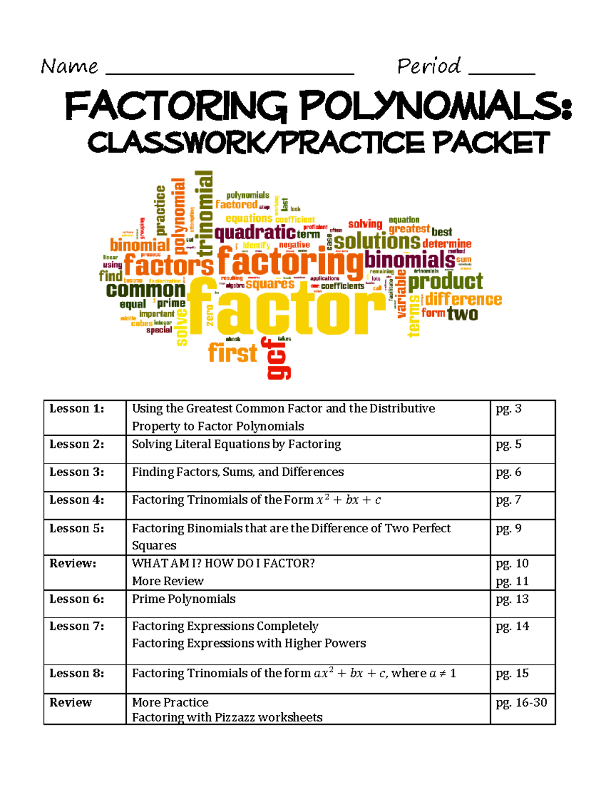 Factoring Practice Packet 2017-2018 - 1000 - UWO - Studocu