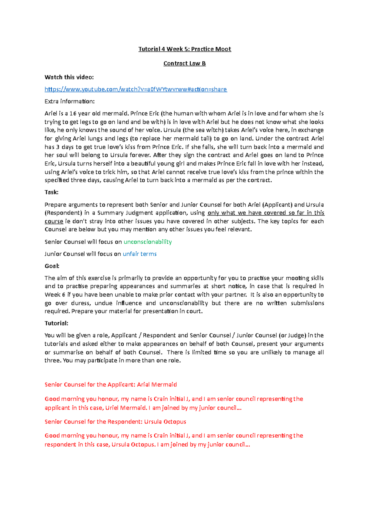 W4 Tute - Contracts B Tutorial Week 4 - Tutorial 4 Week 5: Practice Moot Contract Law B Watch ...