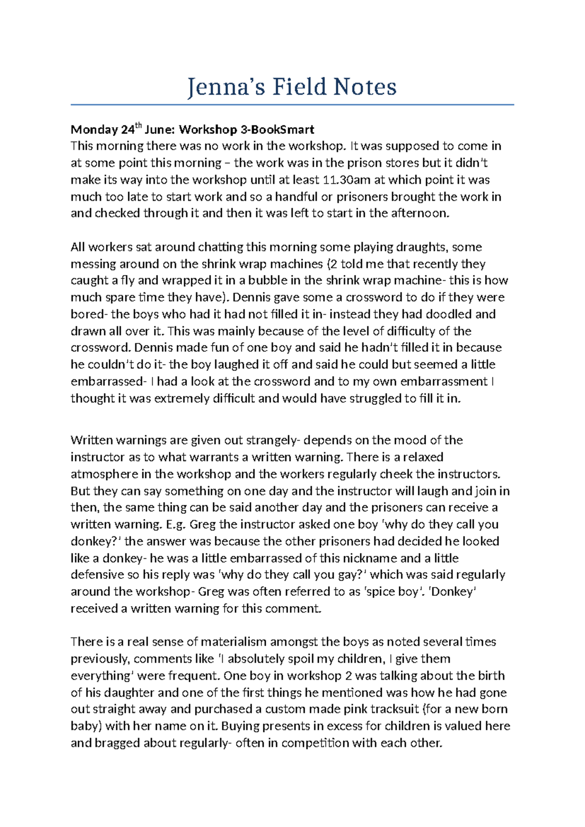 Analysing Data Handout - Jenna’s Field Notes Monday 24th June: Workshop ...