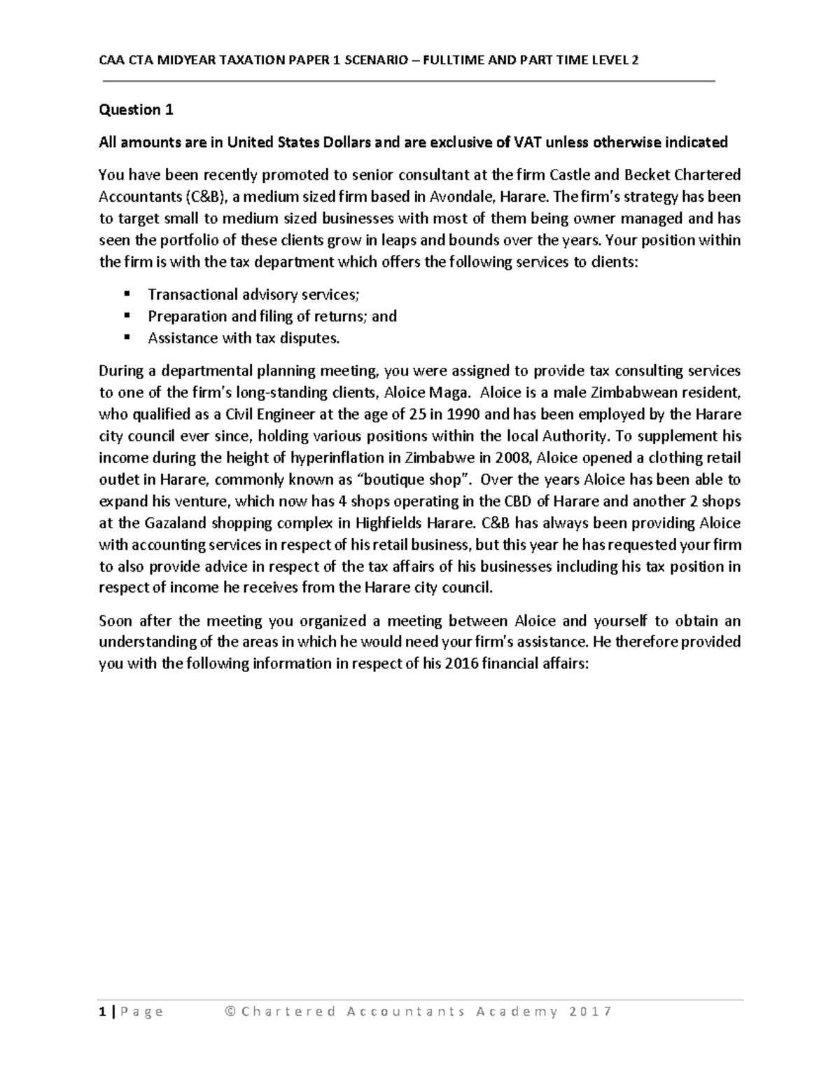 CAA CTA Taxation Midyear Paper 1 - Level 2 AND FT - Scenario - Question ...